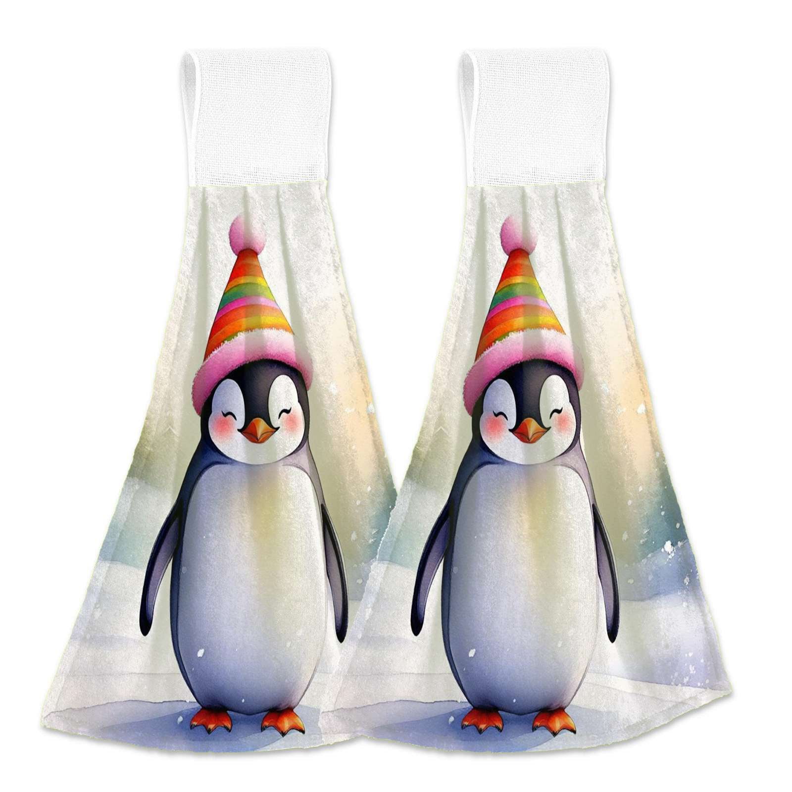 Penguin Colorful hats Hanging Kitchen Hand Towels Sets with Loop Hand ...