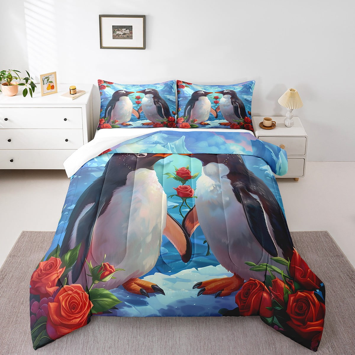 Penguin Comforter Set Cute Polar Animal Twin Bedding Sets ,Red Rose ...