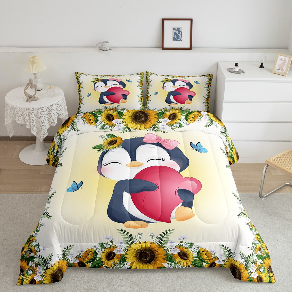 Penguin Comforter Set Queen Kawaii Decor,Cartoon Penguin Antarctic ...