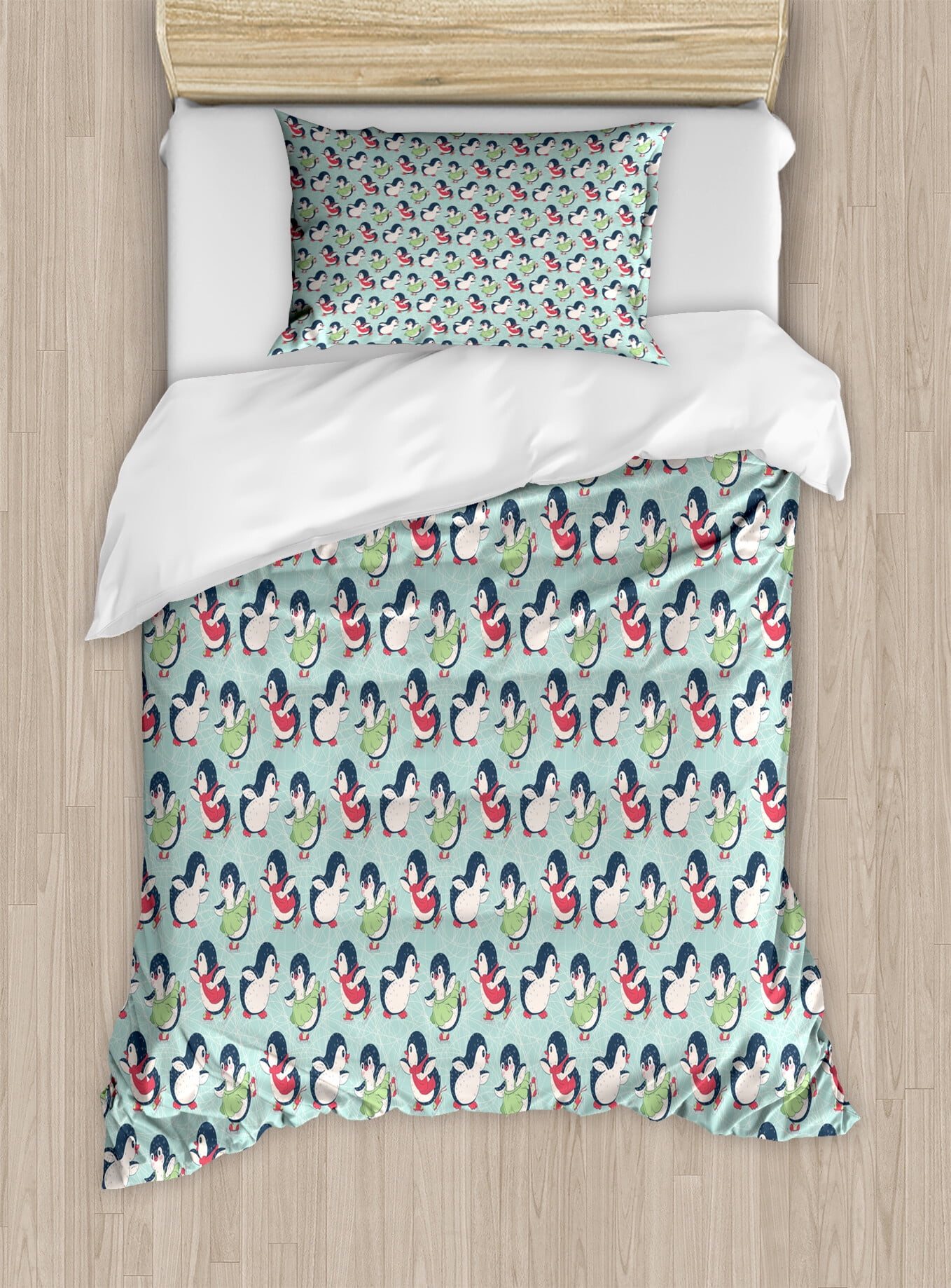 Penguin Duvet Cover Set, Cartoon Arctic Animals Ice Skating with Scarf ...