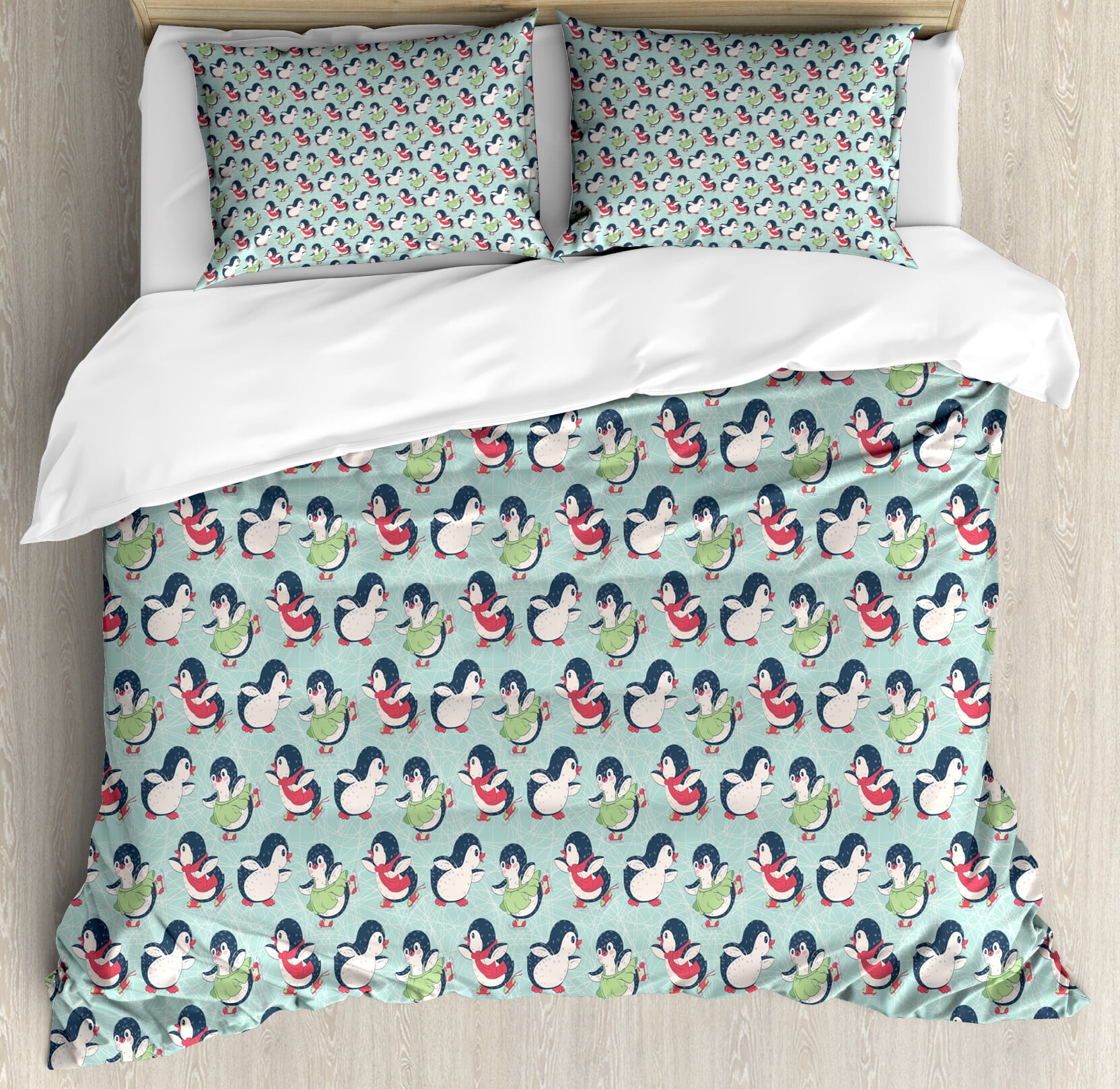 Penguin Duvet Cover Set, Cartoon Arctic Animals Ice Skating with Scarf ...