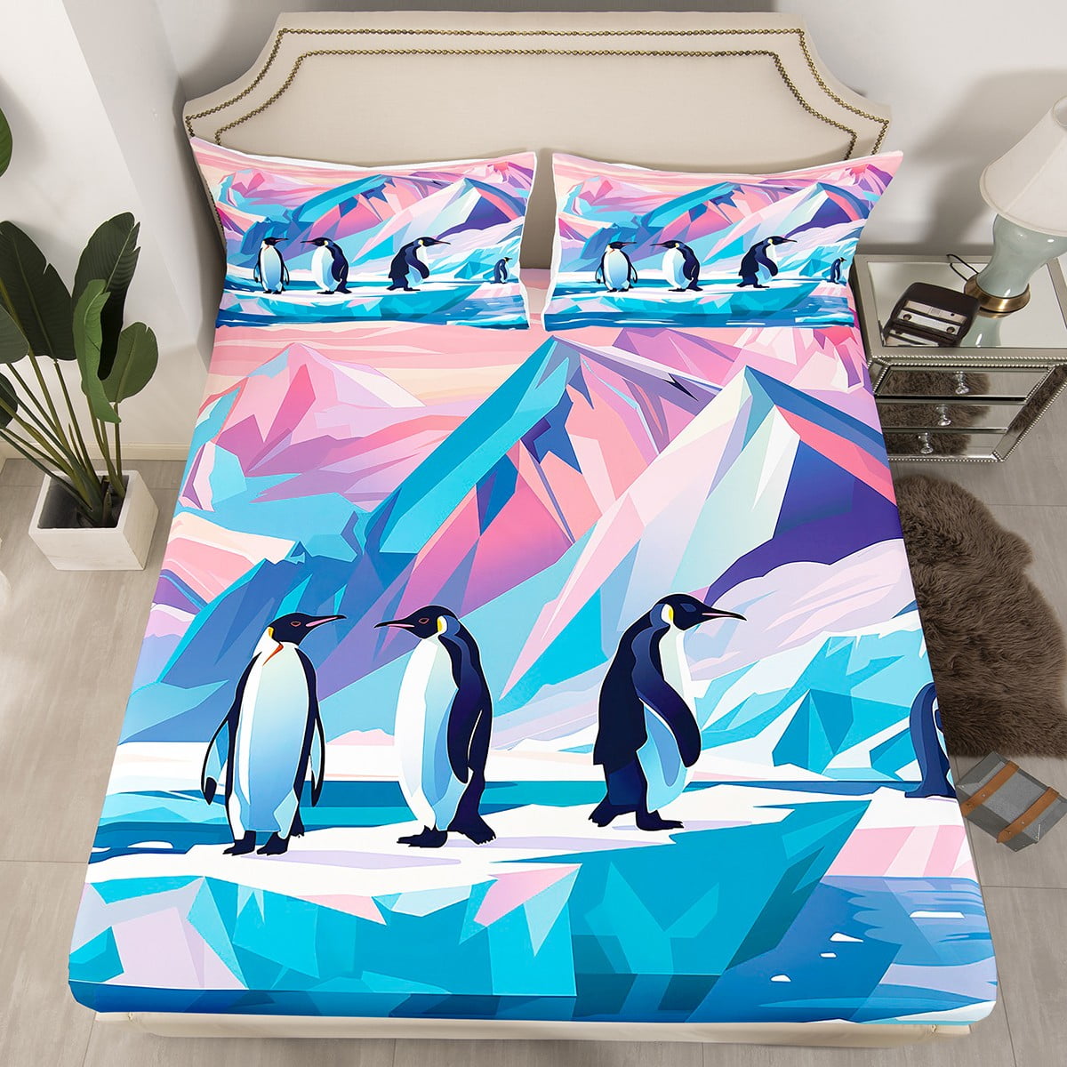 Penguin Fitted Sheet Polar Animal Sheets,Cute Birds Bed Sheets Full,Ice ...