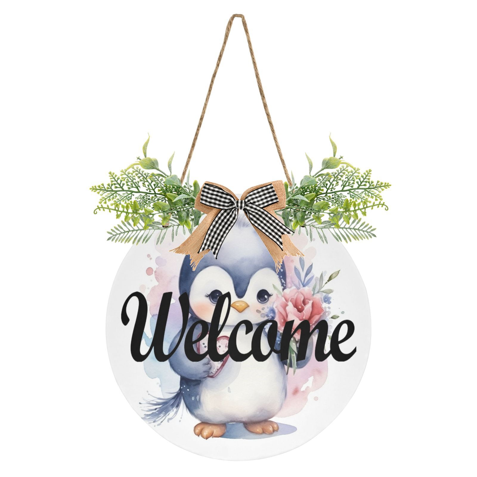 Penguin Flower Heart Welcome Sign for Front Door Wreath Door Sign for ...