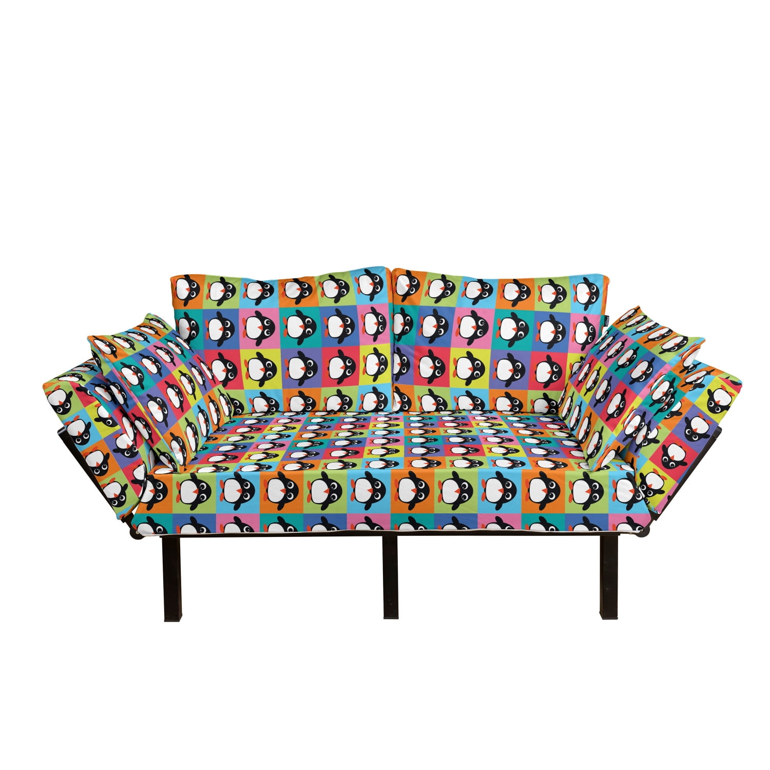 Penguin Futon Couch, Rainbow Colored Checkered Squares Pattern with ...