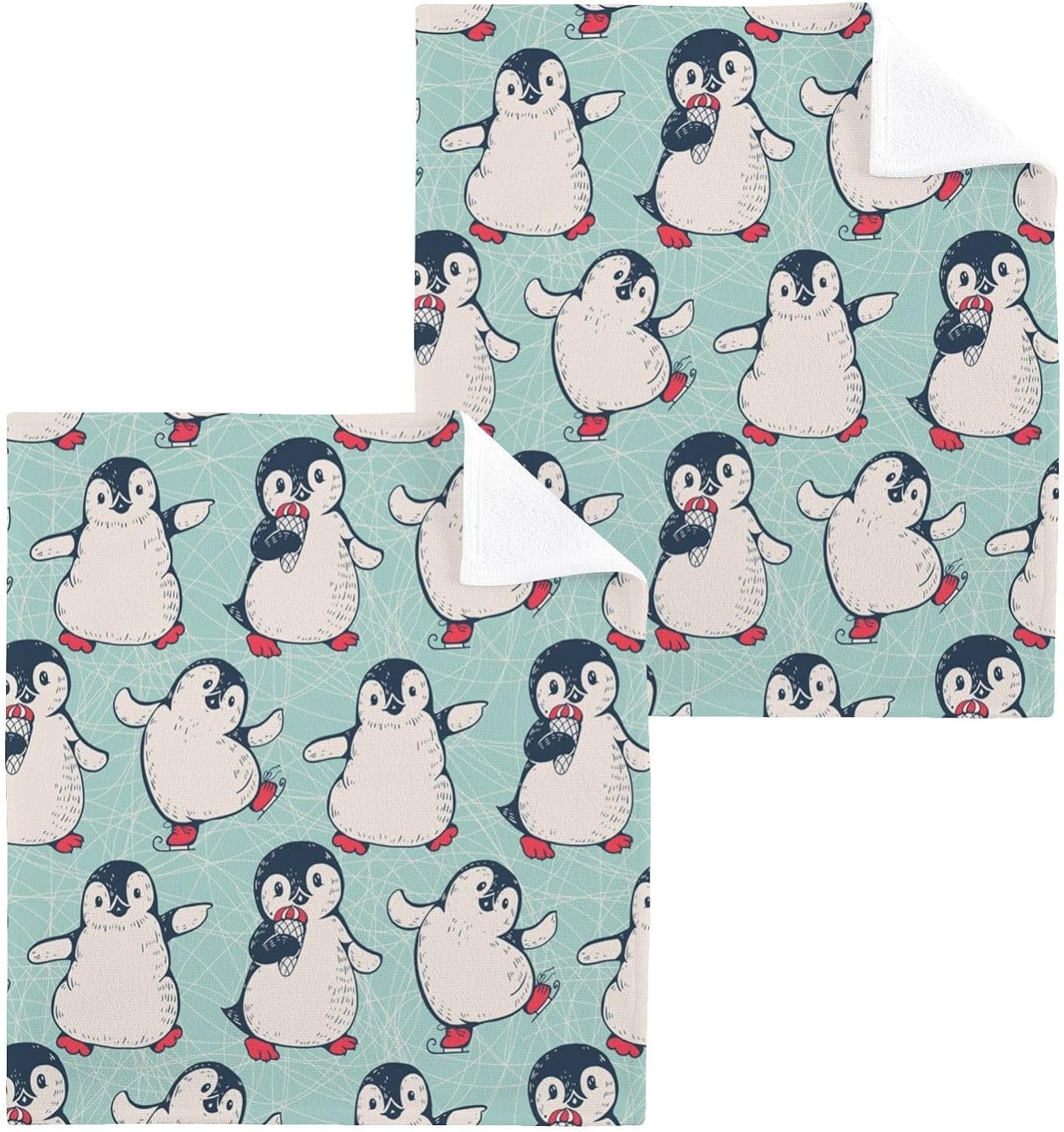Penguin Ice Cream Washcloth 12x12in Set, 4 Pack Absorbent Cotton Towel ...