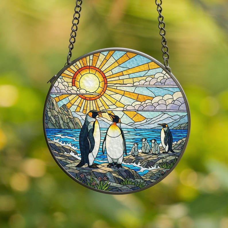 Penguin On The Beach Stained Glass, Penguin Suncatcher, Penguin Home ...
