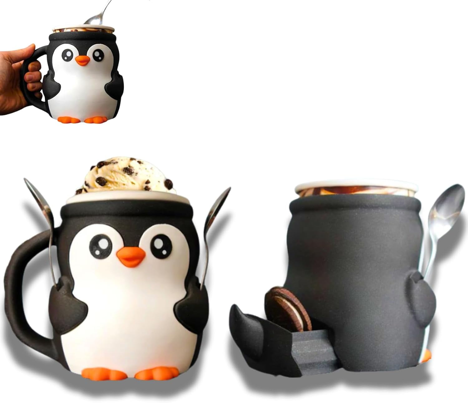 Penguin Pint Size Ice Cream Holder - Reusable Cute Design with Spoon ...