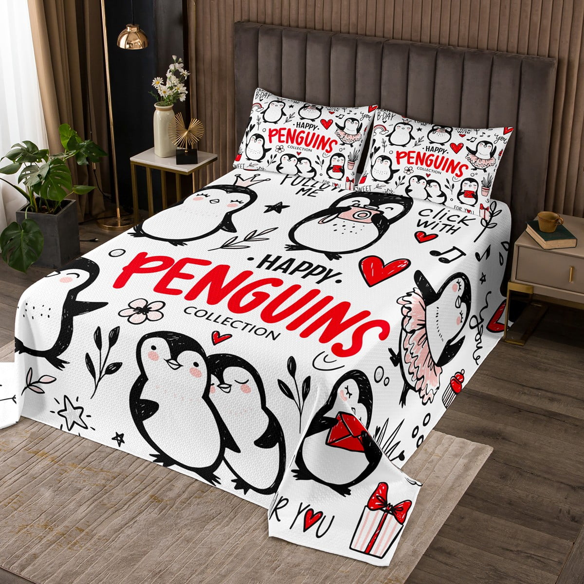 Penguin Quilt Set Cartoon Queen Bedspread Set for Girls,Lovely Polar ...