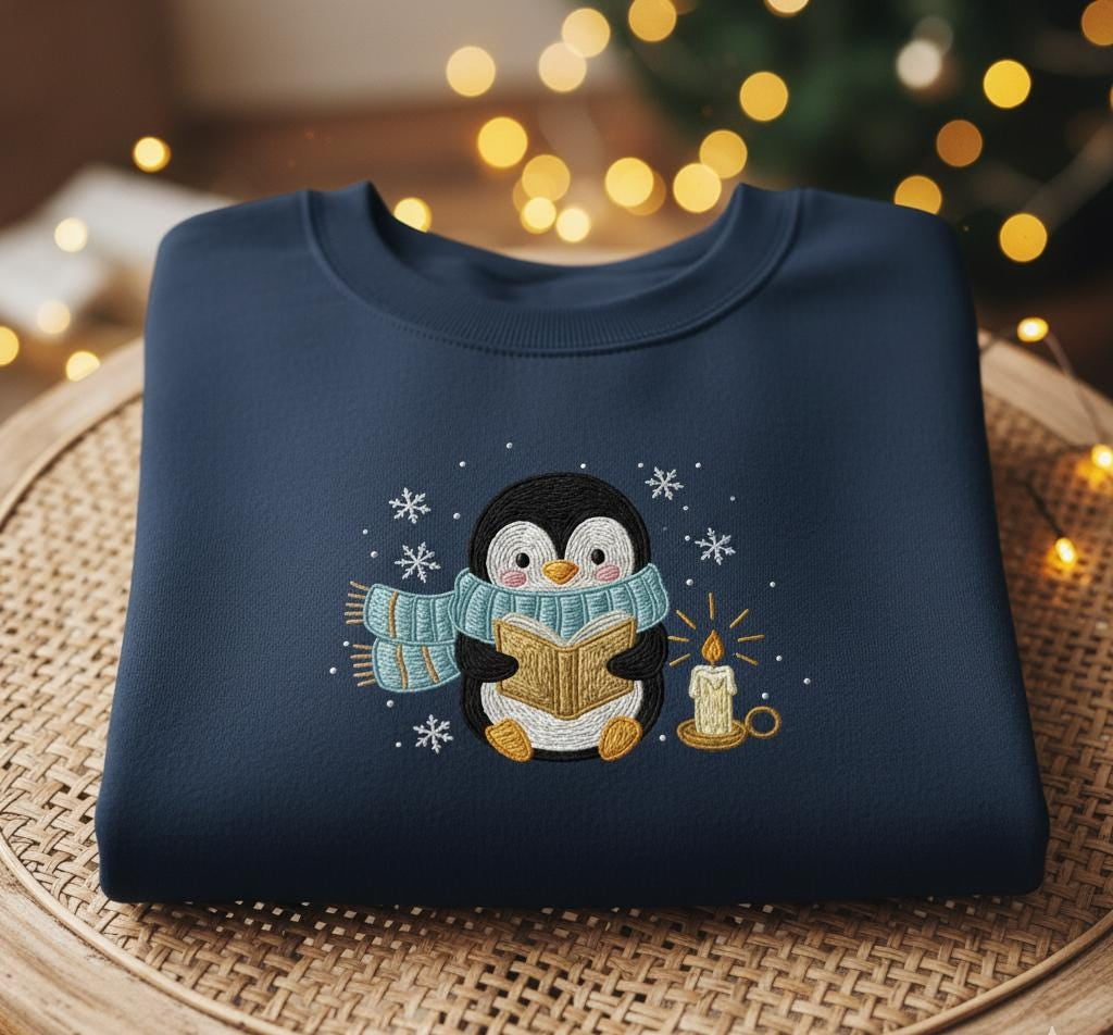 Penguin Reading Embroidered Sweatshirt, Cozy Winter Book Lover Shirt ...