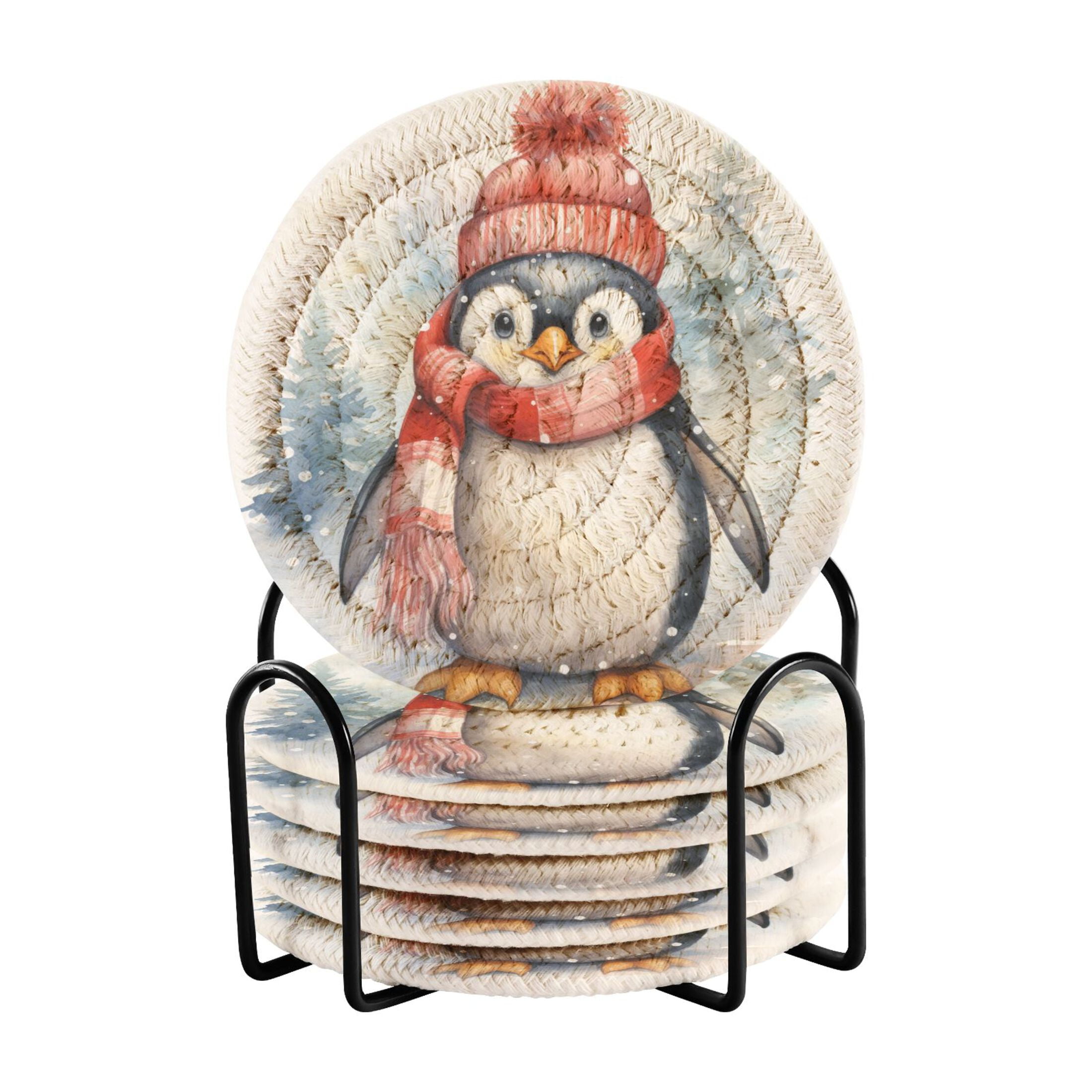 Penguin Scarf Hat Trees 6 Pcs Drink Coasters with Holder Absorbent ...