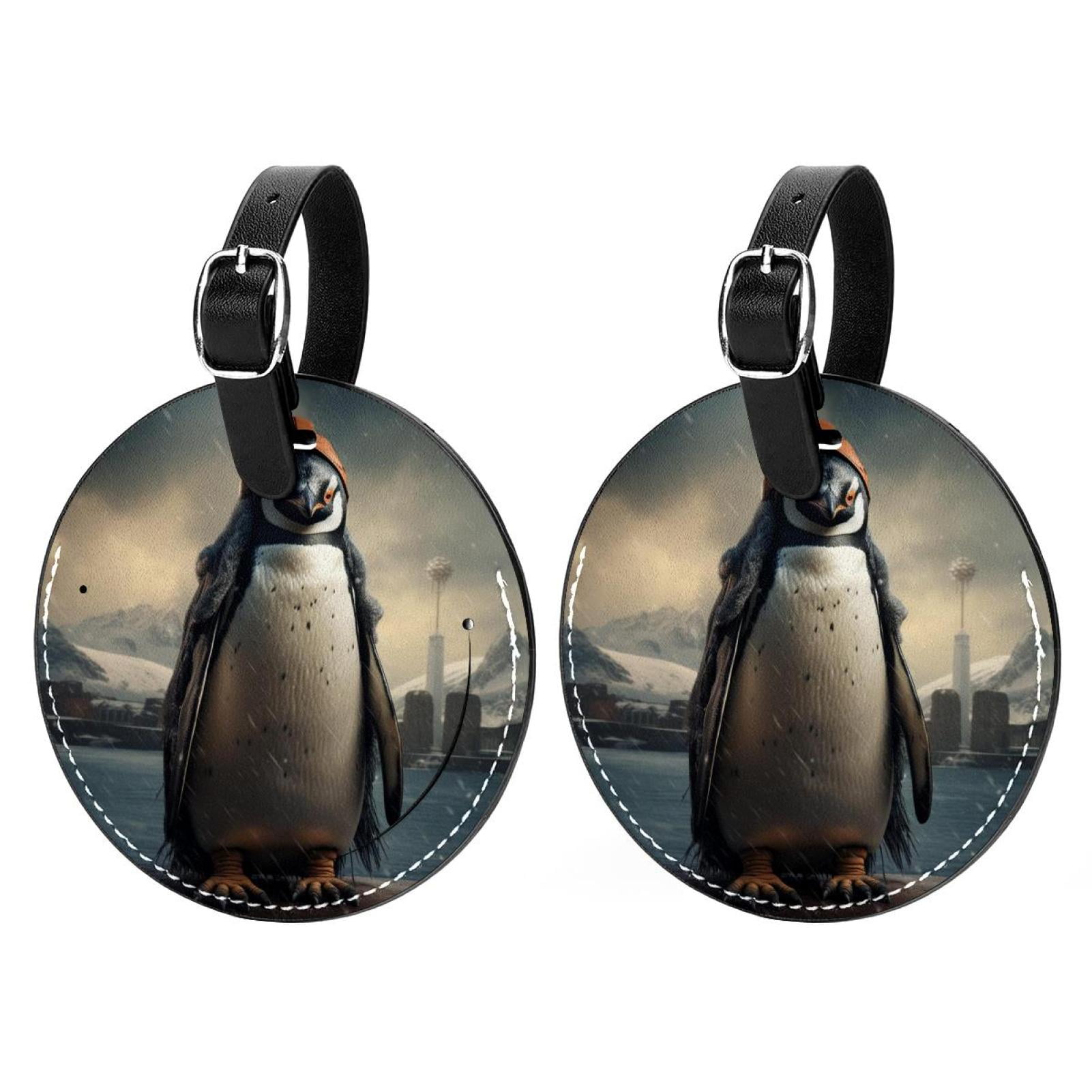 Penguin Set of 2pcs PU Leather Round Suitcase Tags with Privacy Cover ...