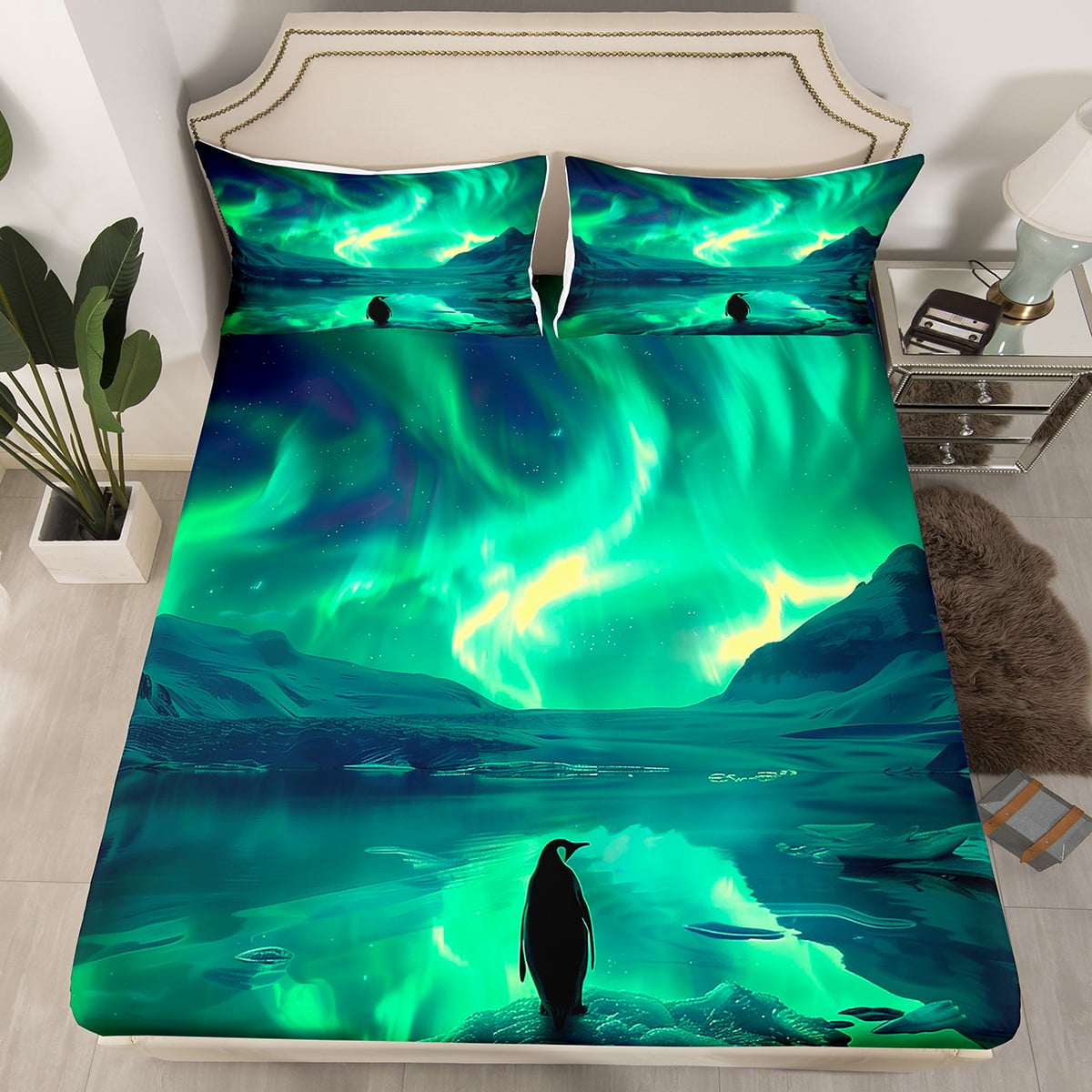 Penguin Sheets Queen,Aurora Stars Galaxy Starry Sky Fitted Sheet with ...