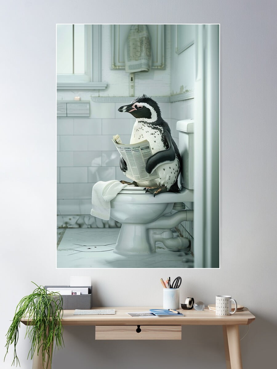 Penguin Sitting On The Toilet Reading A Newspaper Poster Wall Art ...