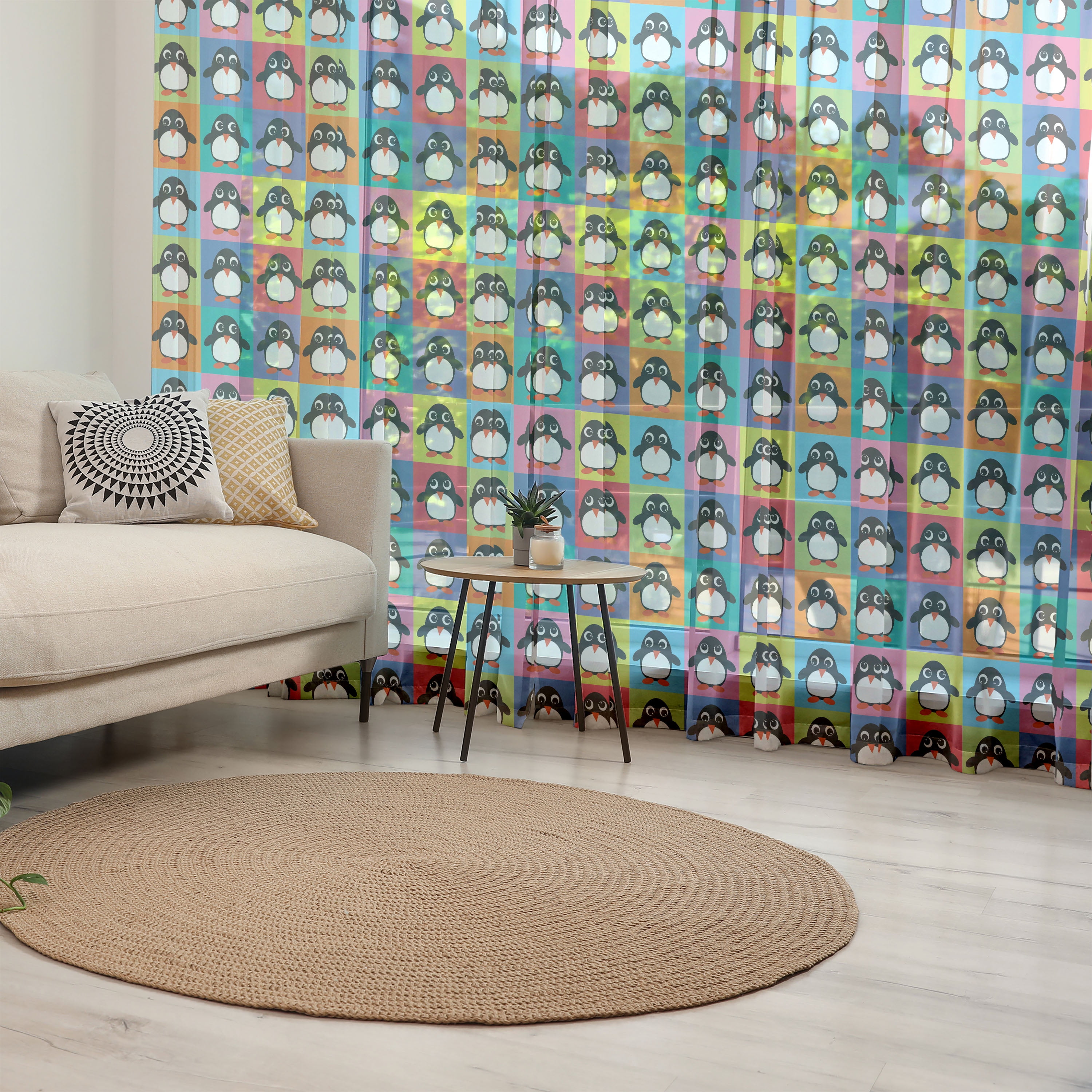 Penguin Tulle Curtains with Rod Pocket, Rainbow Colored Checkered ...