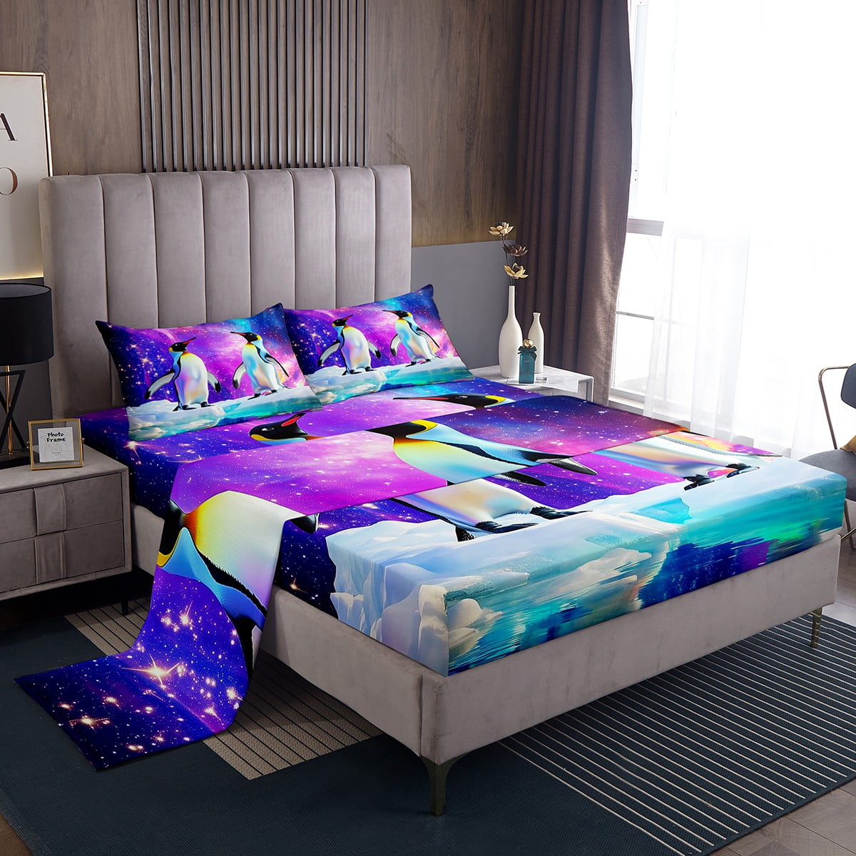 Penguin Twin Bed Sheets Galaxy Starry Sky Bedding Set For Kids Boys ...