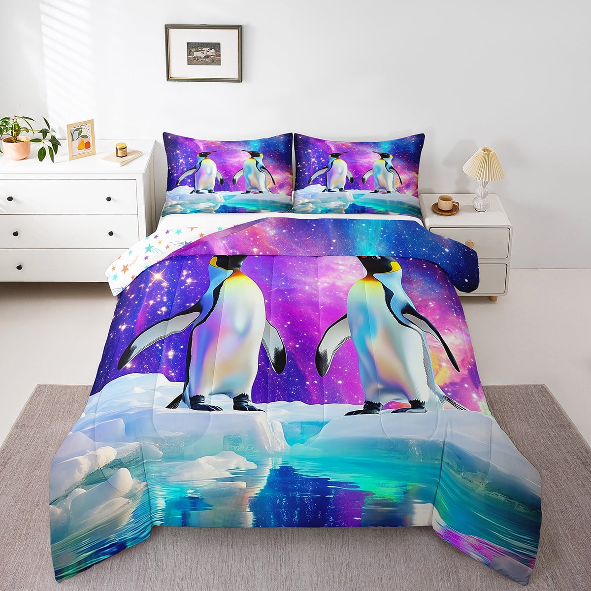 Penguin Twin Bedding Set Galaxy Starry Sky Down Comforter For Kids Boys ...