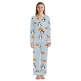 Penguin Umbrella Pattern Women Pajama Set Soft Notch Collar Button Down ...