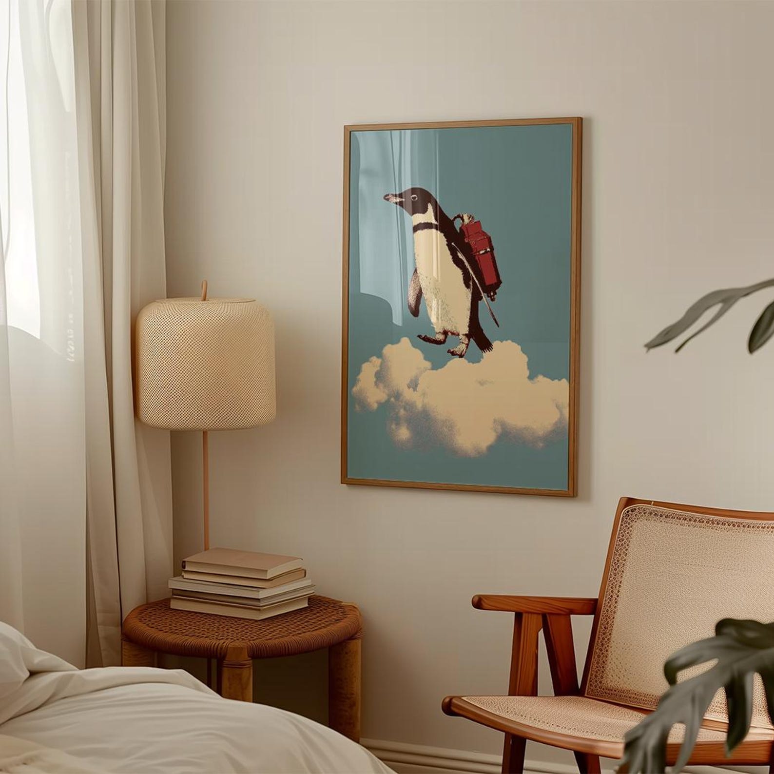 Penguin Wall Art Print, Whimsical Surreal Illustration, Flying Penguin ...