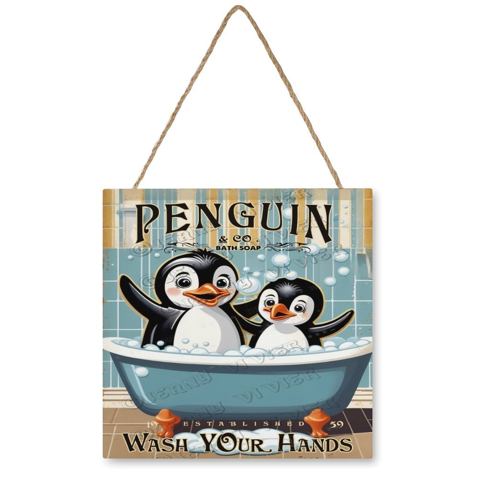 Penguin Wash Your Hands Decorative Wood Hanging Wood Plaque, Rustic ...
