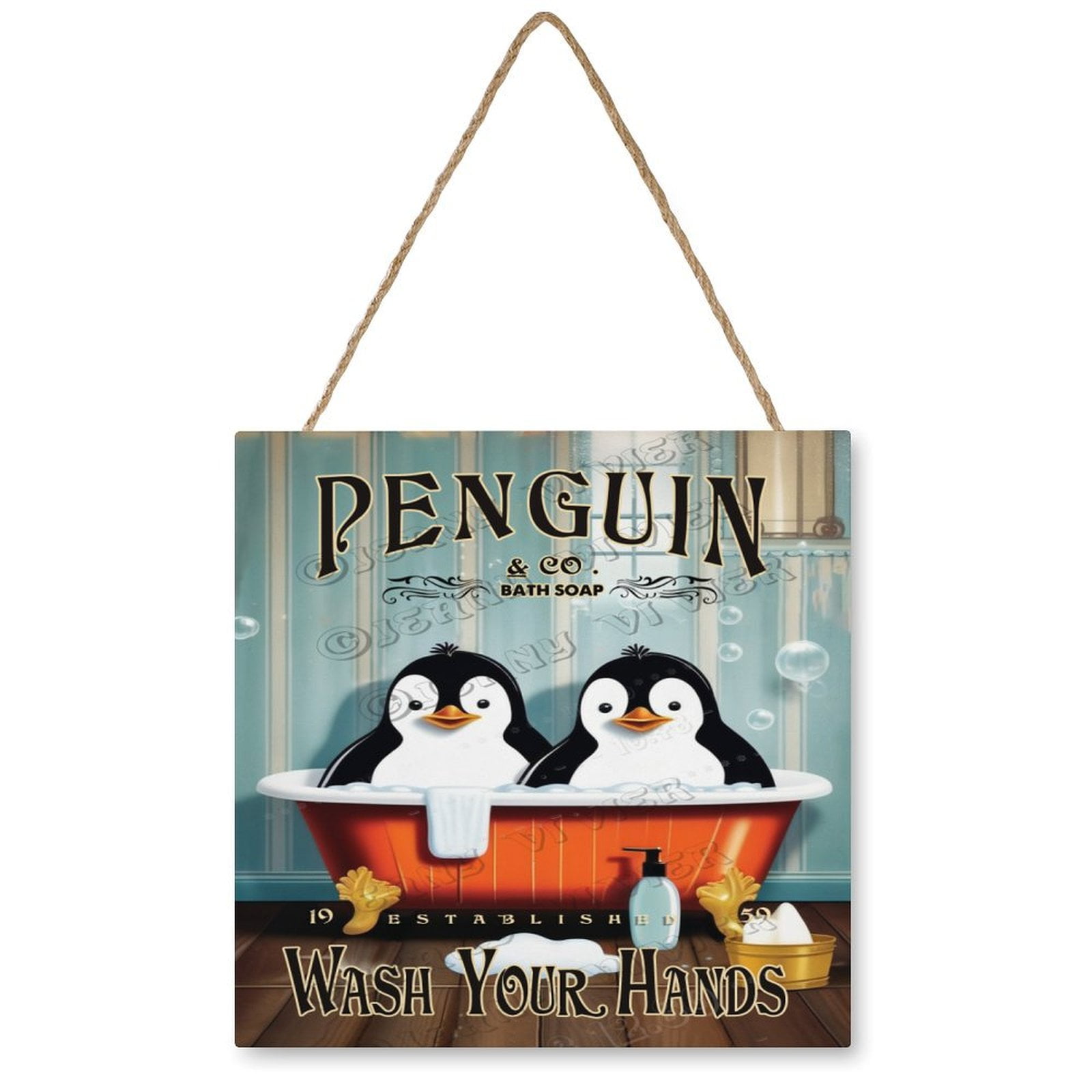 Penguin Wash Your Hands Wood Hanging Funny Bathroom Hanging Wooden ...