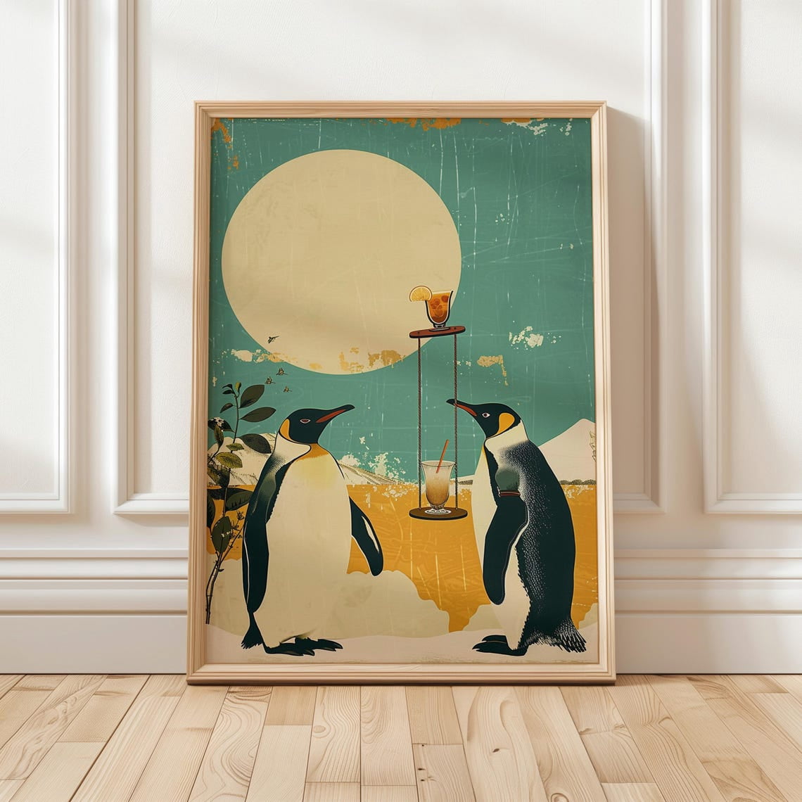 Penguin Whimsical Animal Illustration Surreal Cocktail Mid Century ...