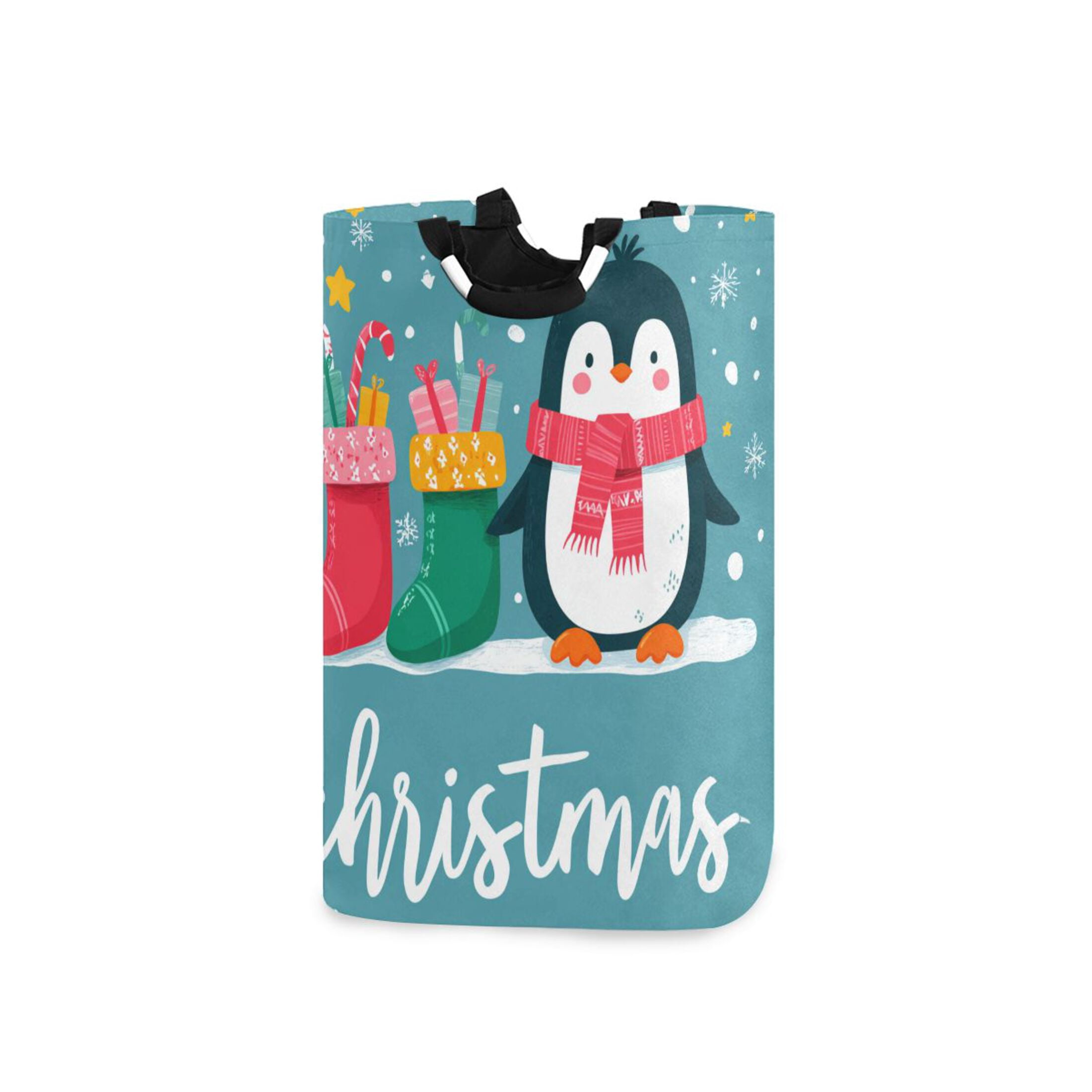 Penguin with Christmas Stocking Snowy Day Laundry Basket with Handles ...