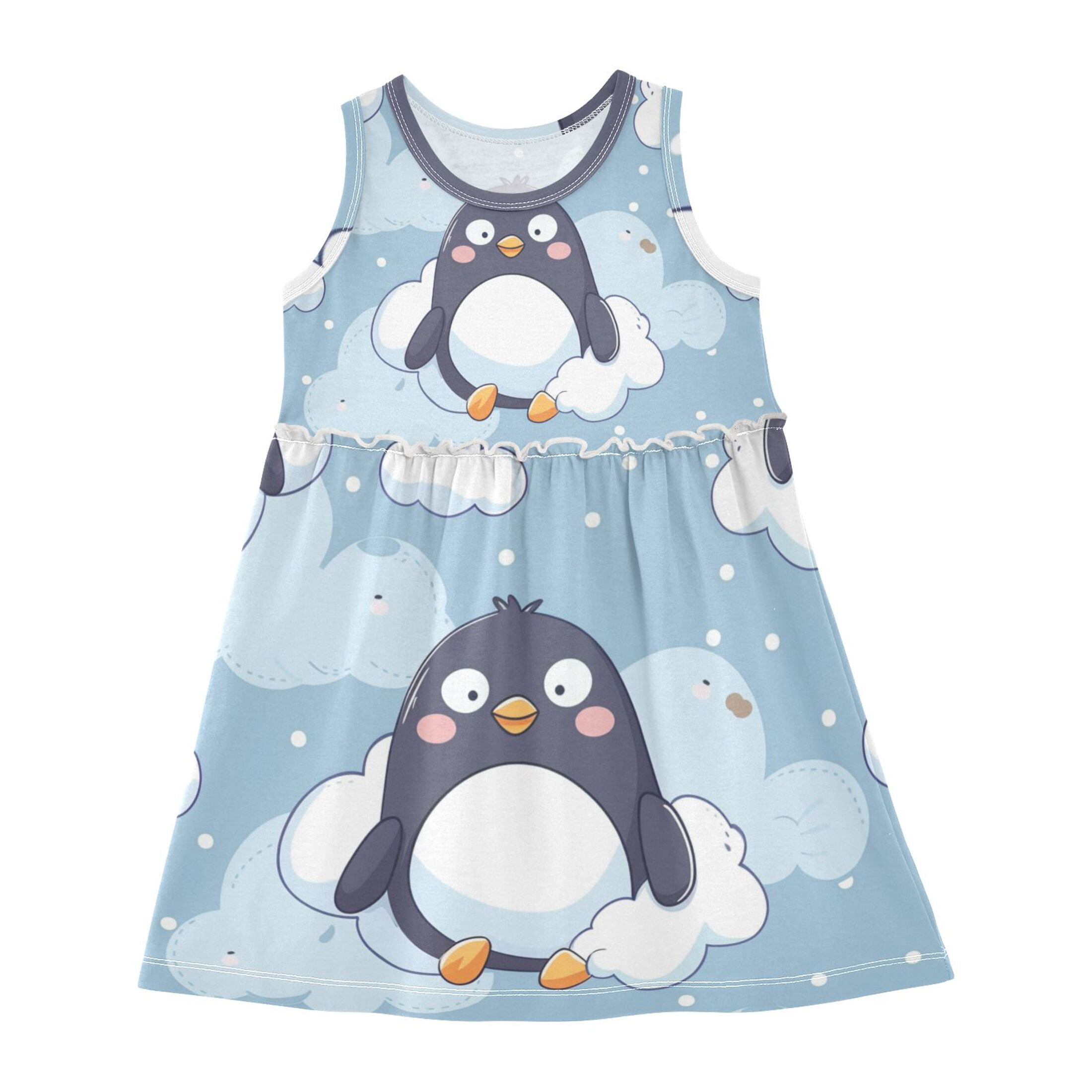 Penguins and Clouds Cartoon Girls' Sleeveless Dress A-Line One-Piece ...