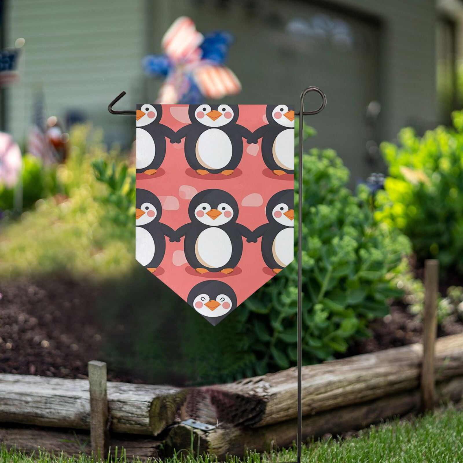 Penguins in Pink Garden Flag 18" x 12.5" Double Sided Yard Lawn Outdoor ...