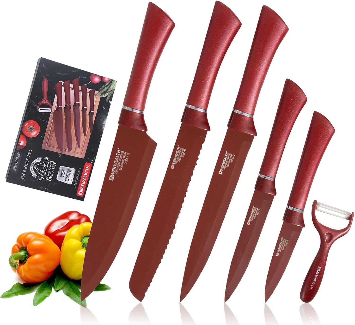 Peniguingy Kitchen Knife Sets, 6 Piece Red Non-Stick Coated Stainless ...