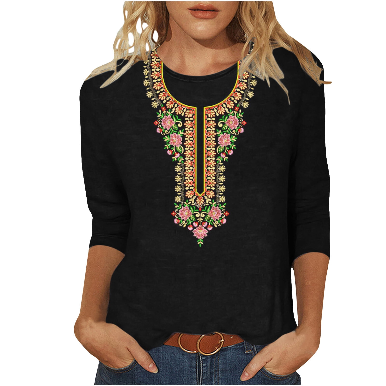 Penkiiy Boho Embroidered 3/4 Sleeve Tunics Shirts for Women Mexican ...