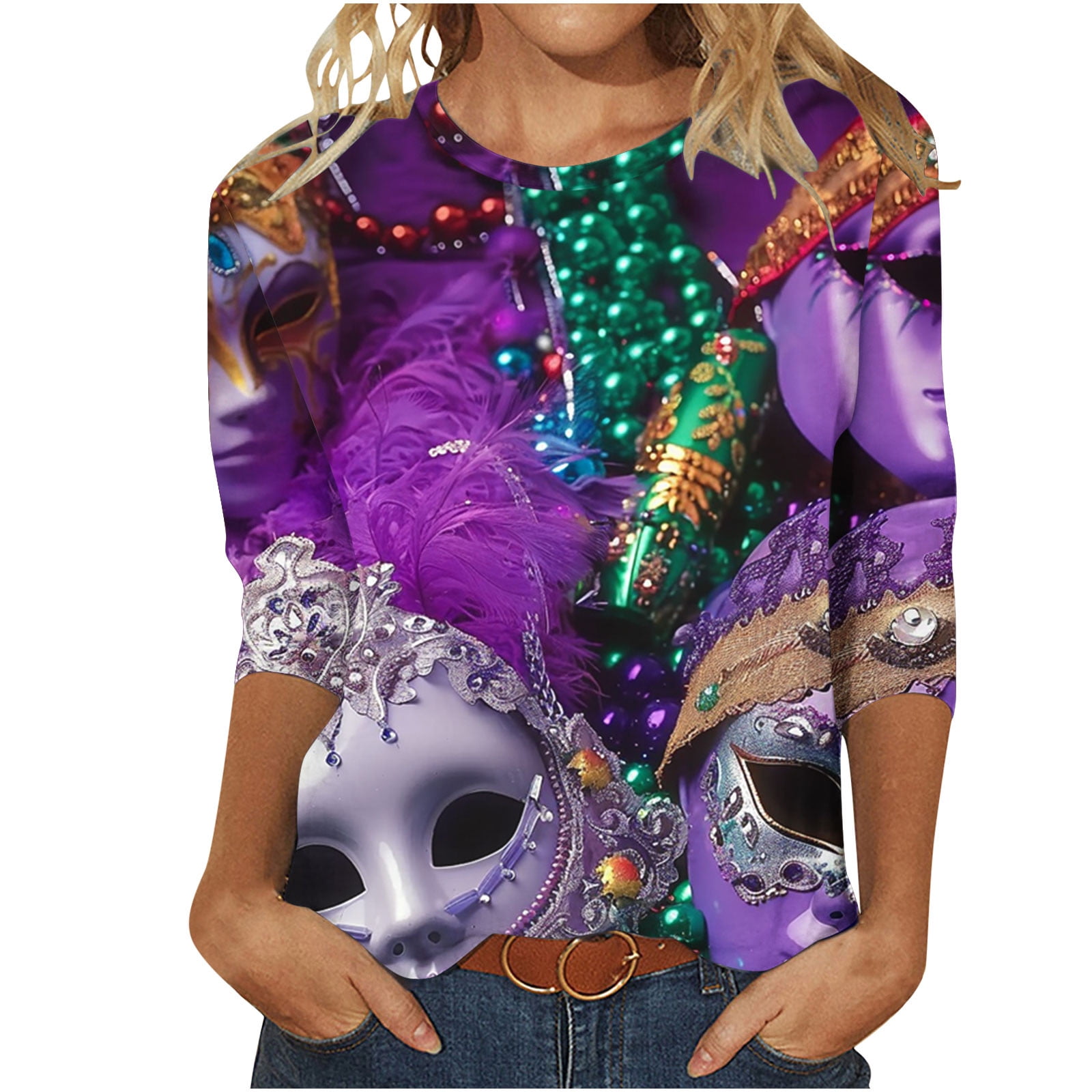 Penkiiy Carnival Blouse 3/4 Sleeve Spring Shirt Daily Tee Mask Print ...