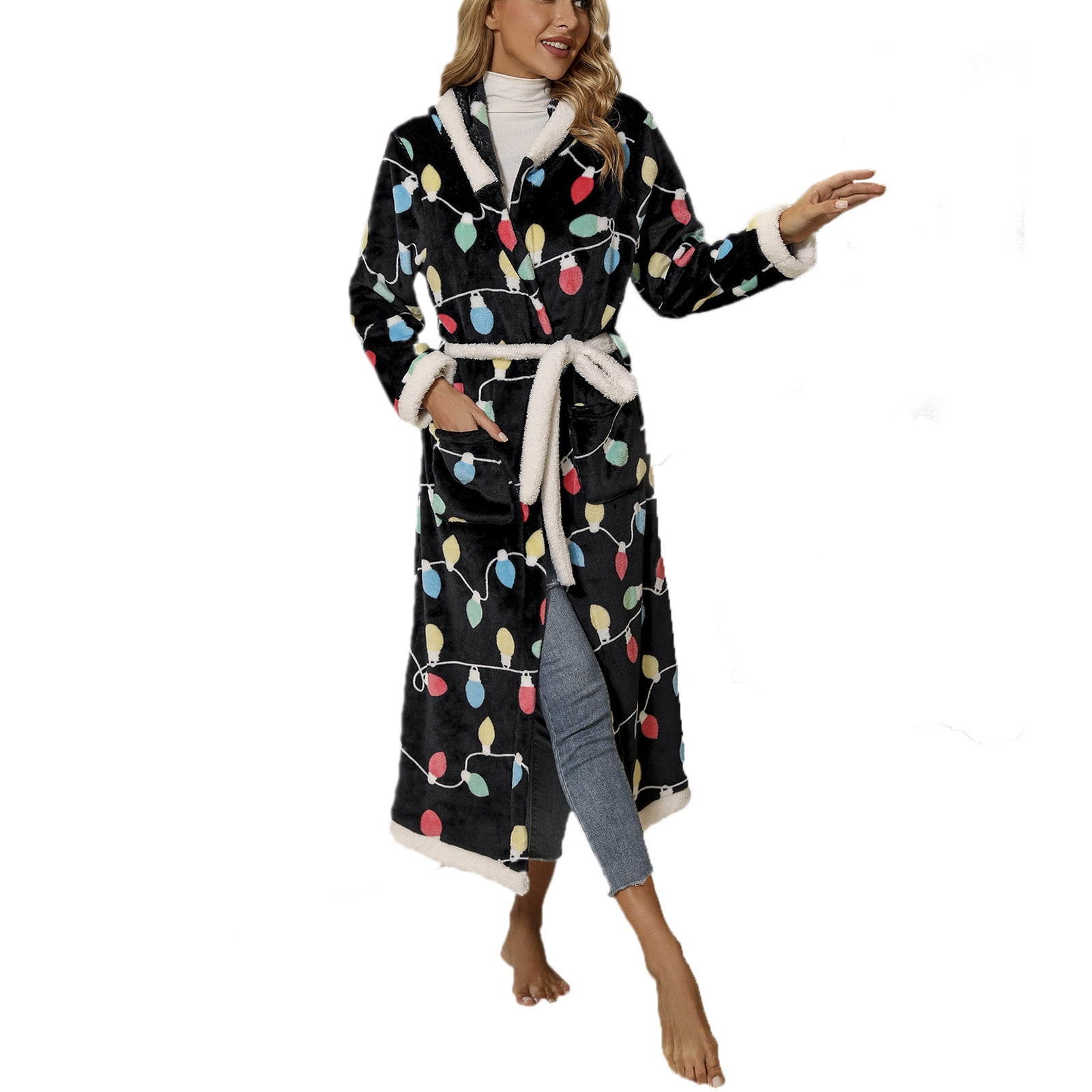 Penkiiy Christmas Printed Robe Bathrobe Women's Christmas Casual ...