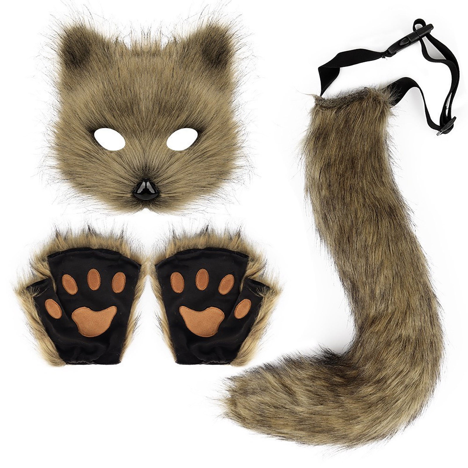 Penkiiy Faux Fur Fox Tail Cat Wolf Set Plush Fluffy Paw Gloves ...