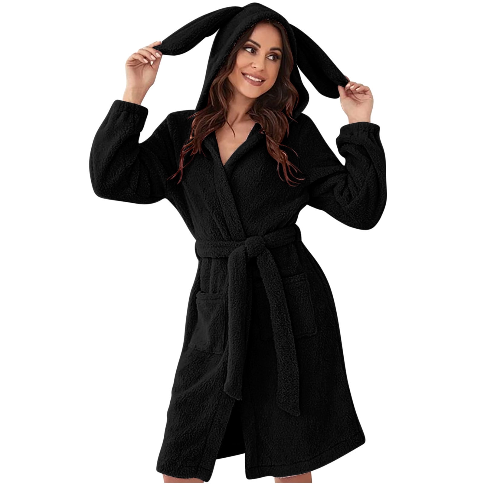 Penkiiy Fleece Hooded Robe Bathrobe Women Rabbit Ears Soft Solid Color ...