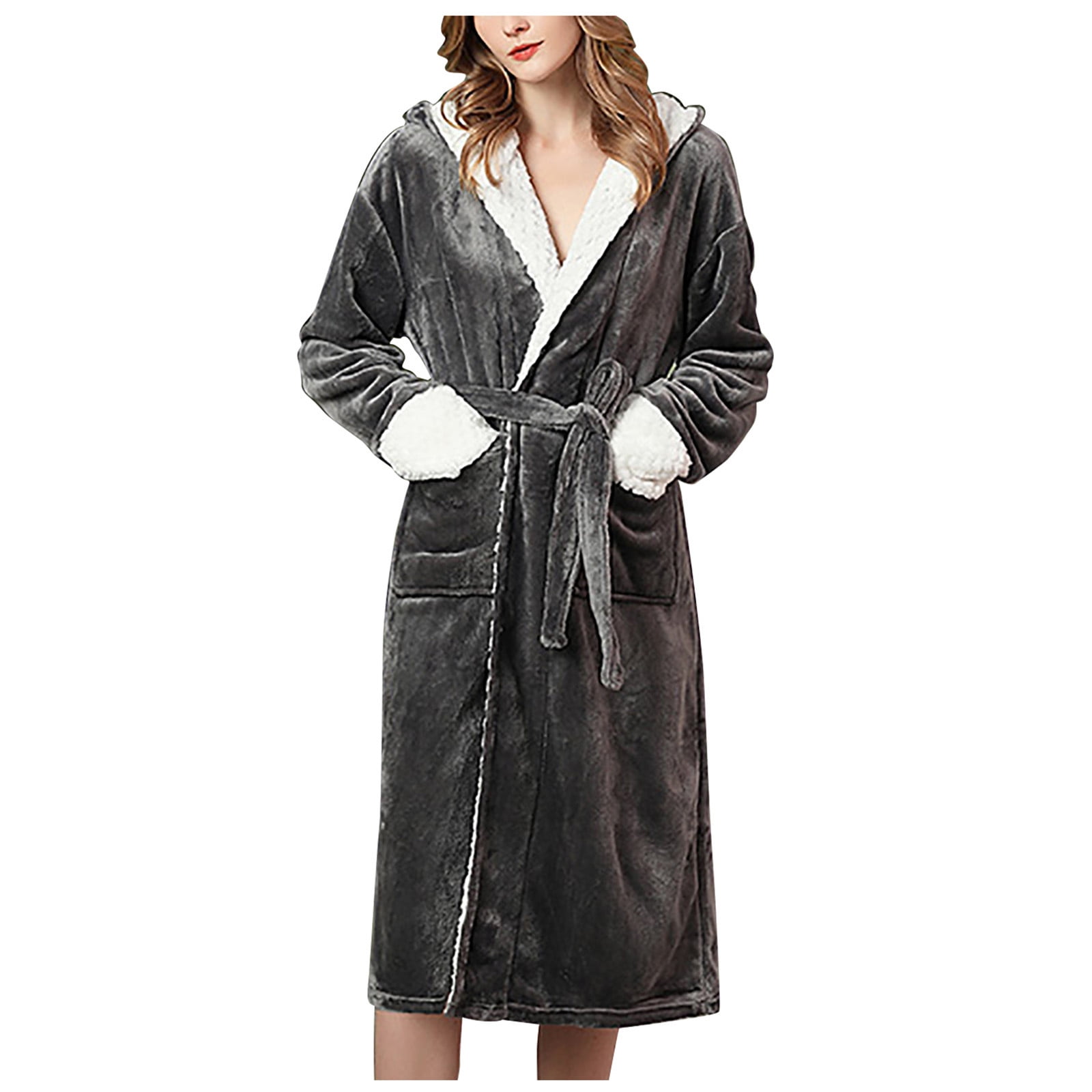 Penkiiy Fleece Hooded Robe Bathrobe Women's Winter Warm Nightgown ...
