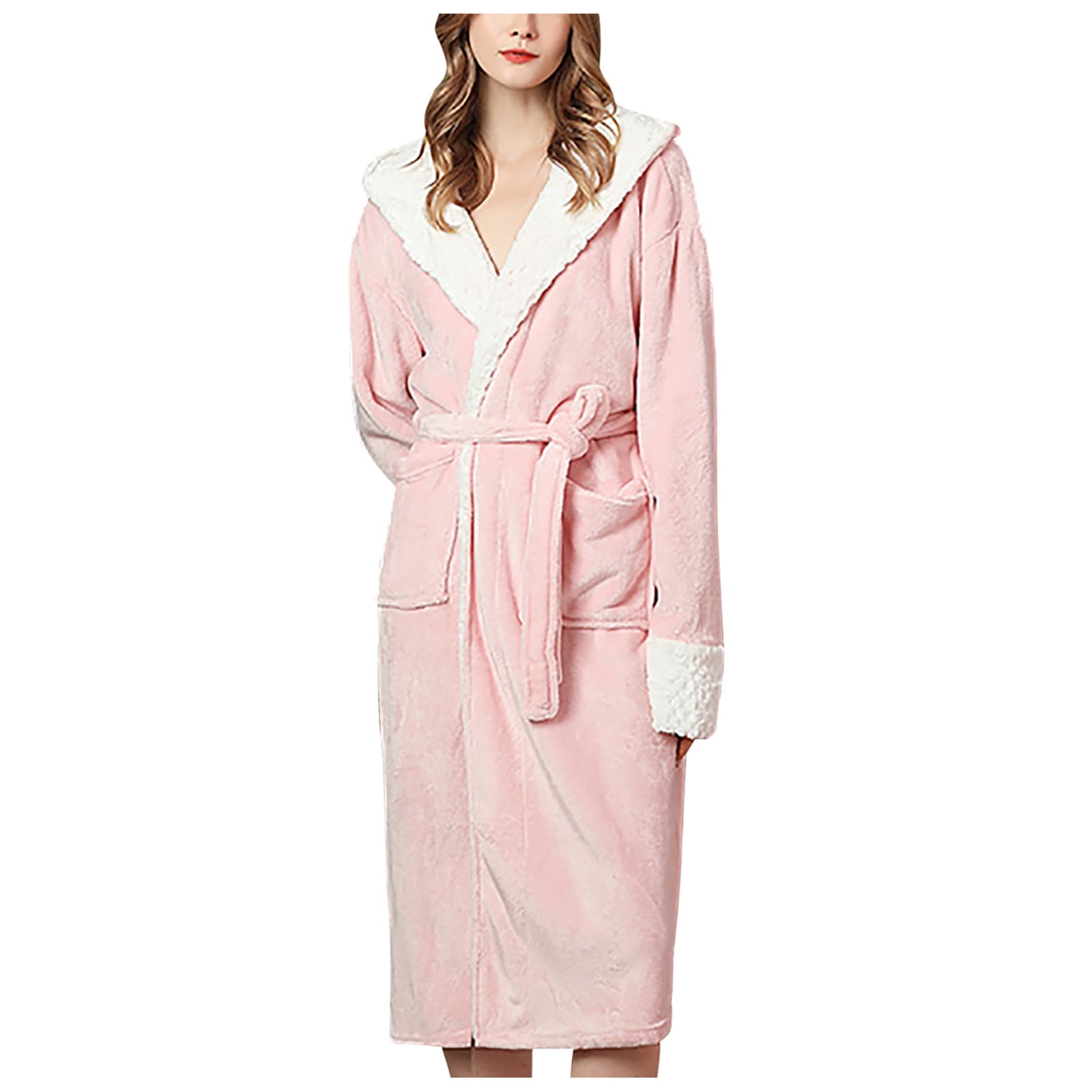 Penkiiy Fleece Hooded Robe Bathrobe Women's Winter Warm Nightgown ...