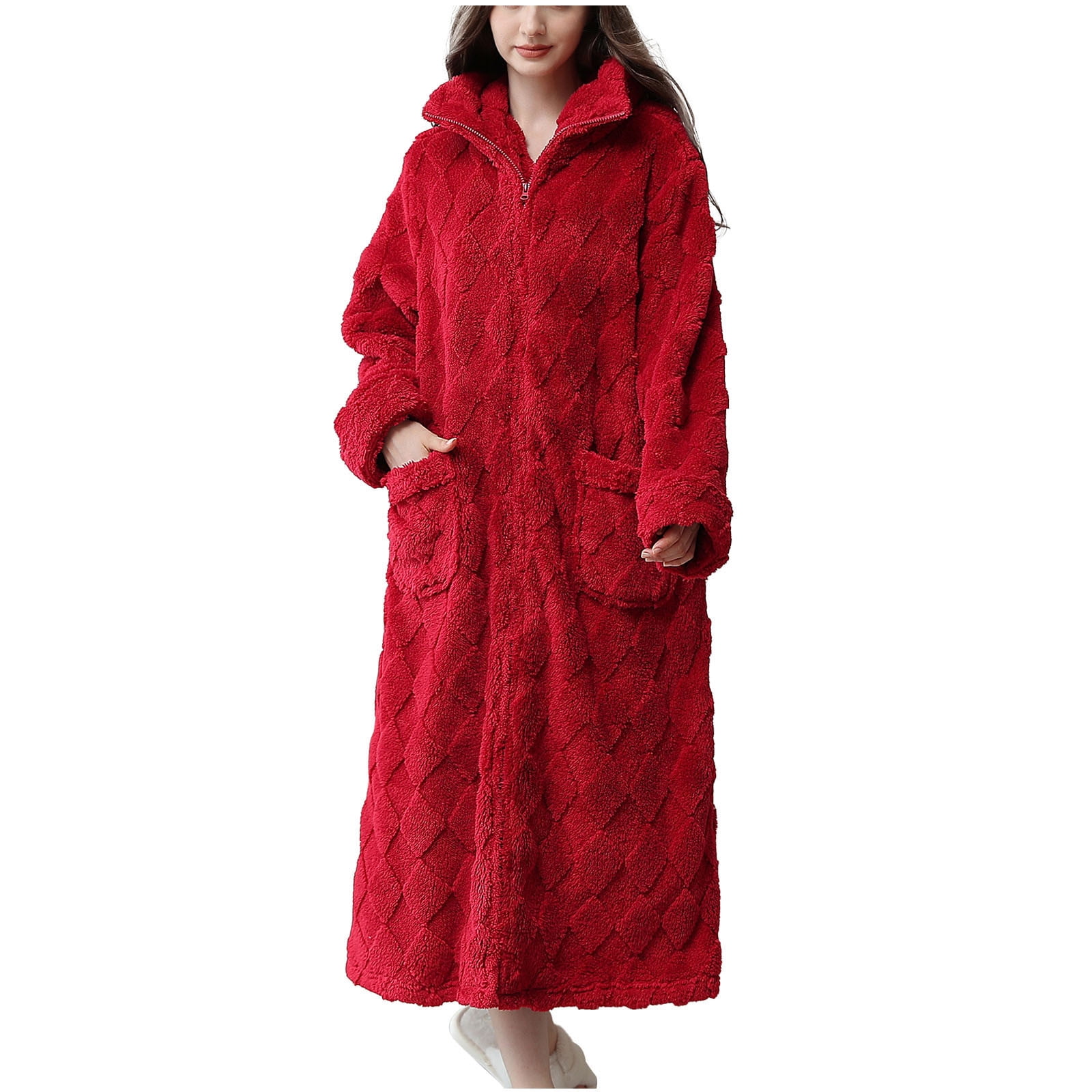 Penkiiy Fleece Robes For Women Zipper Nightgown Long Housecoat ...