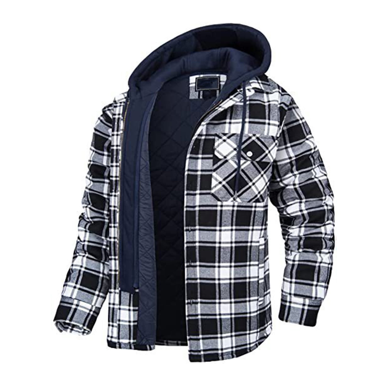Penkiiy Hooded Plaid Jacket Men Button Casual Hooded Zipper Thicken ...