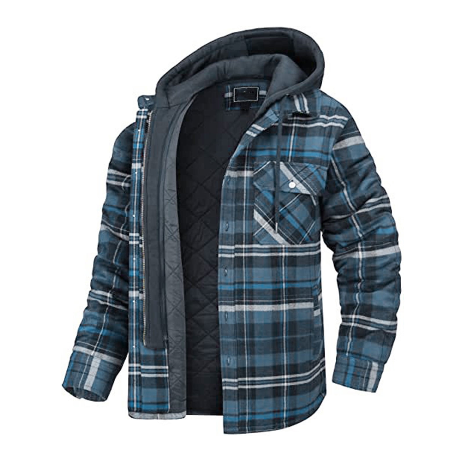 Penkiiy Hooded Plaid Jacket Men Button Casual Hooded Zipper Thicken ...