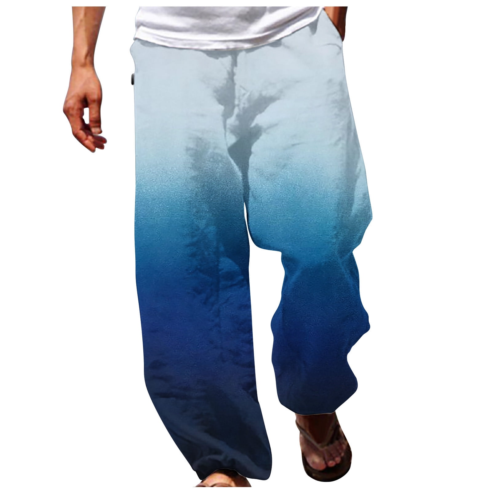 Penkiiy Linen Pants Men Summer Casual Fashion Gradient Printing Elastic ...