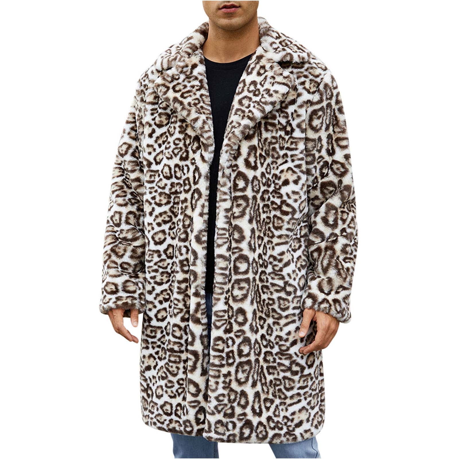 Penkiiy Long Faux Fur Coat Men Leopard Print Faux Fur Coat Winter Open ...