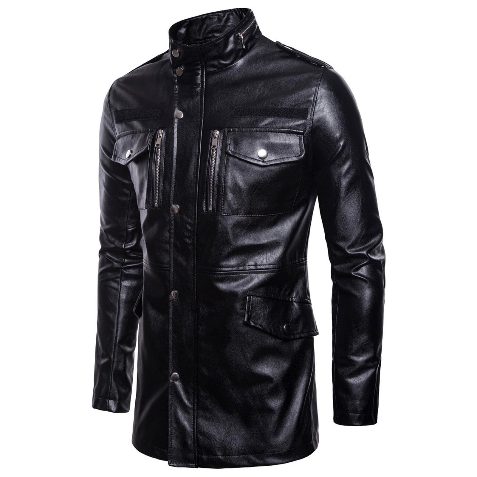 Penkiiy Men Mid-length Leather Stand-collar Four-pocket Motorcycle ...