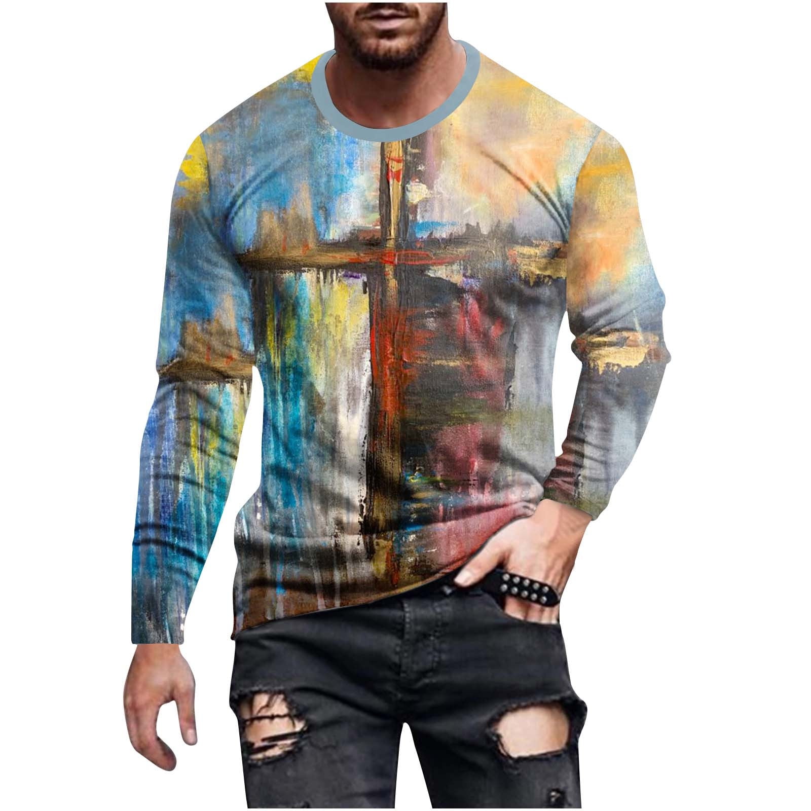 Penkiiy Men's Cross Stylish 3D Printed Graphic Long Sleeve T-Shirts 3D ...