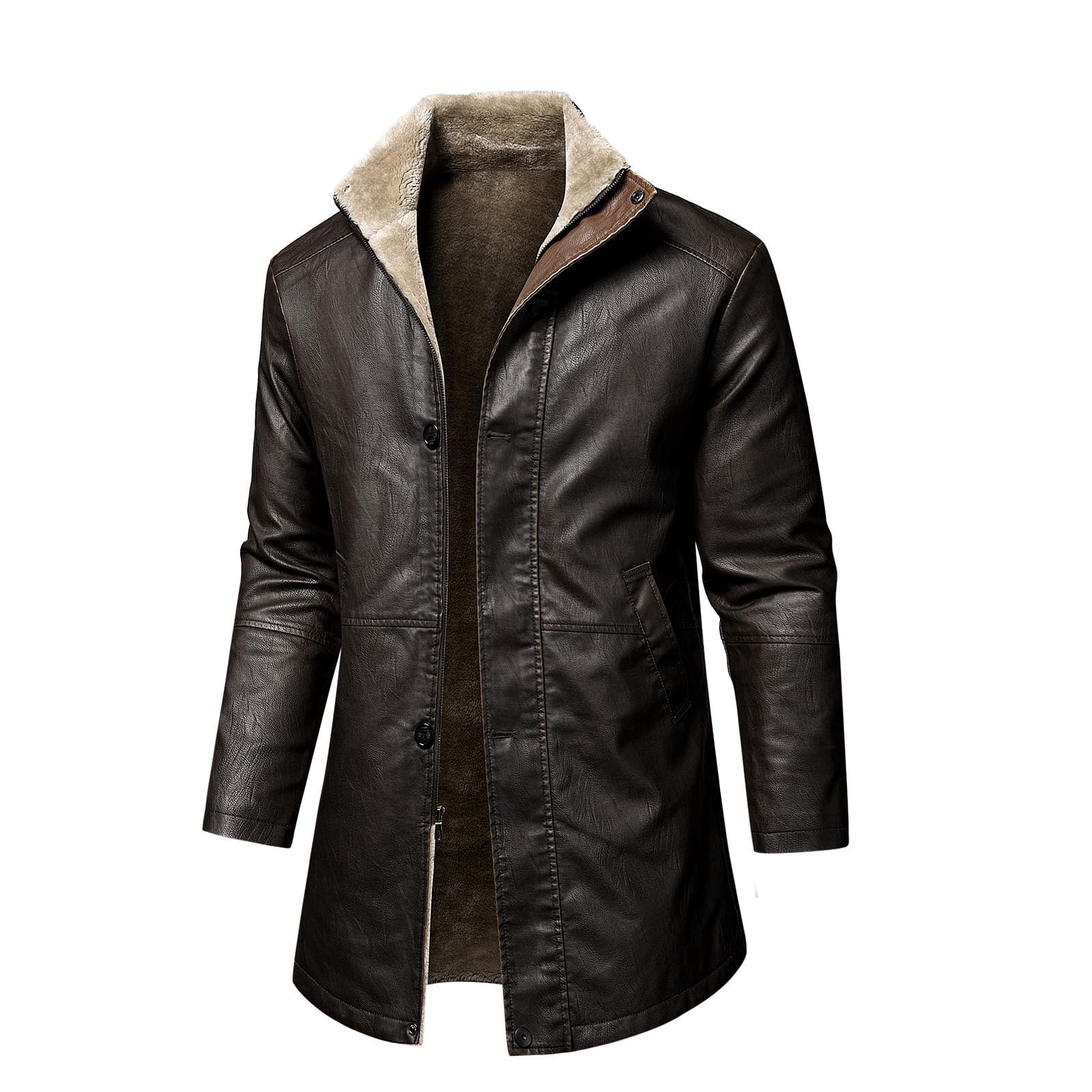 Penkiiy Men's Faux Leather Jacket Thick Faux Fur Shearling Lapel Collar ...