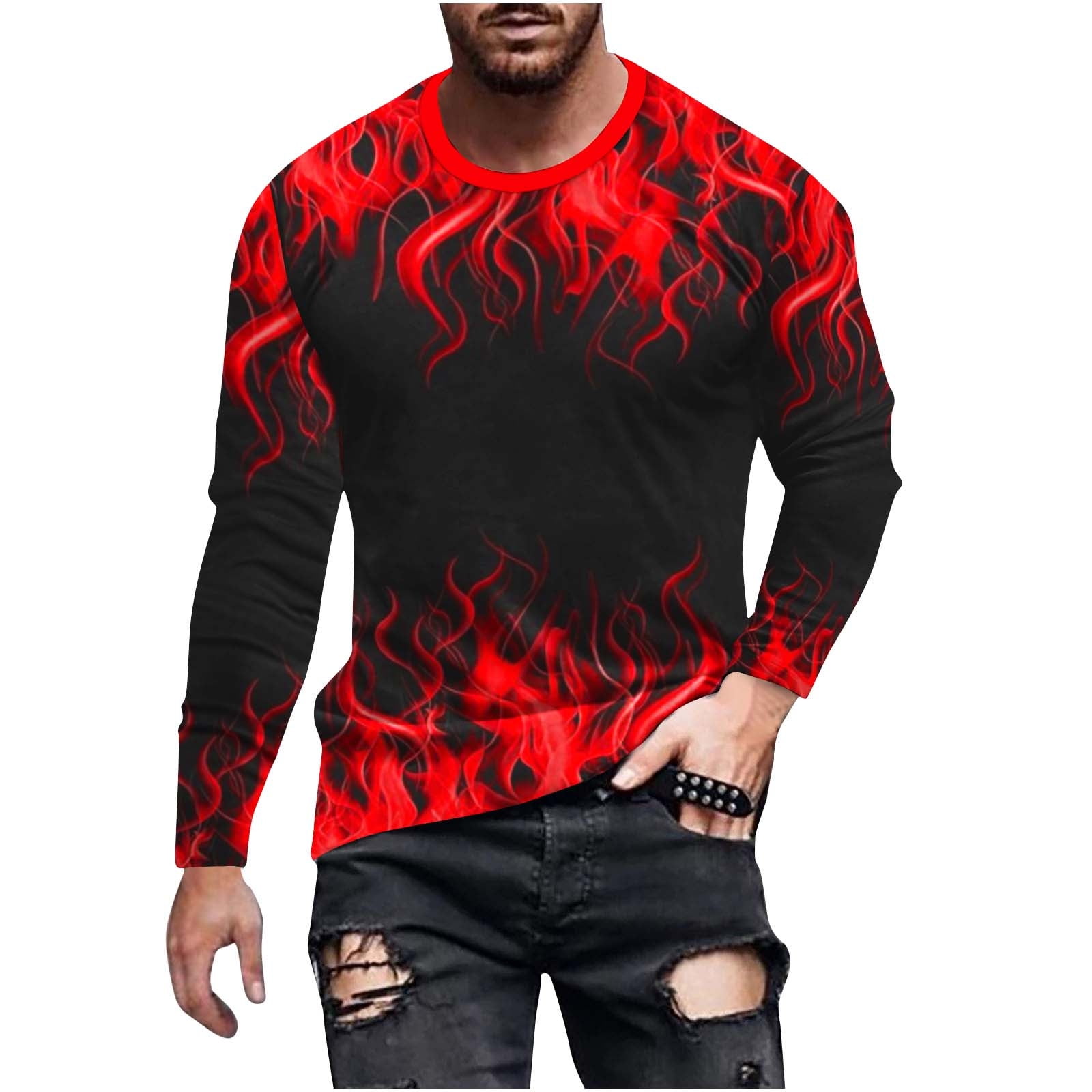 Penkiiy Men's Flame Stylish 3D Printed Graphic Long Sleeve T-Shirts 3D ...