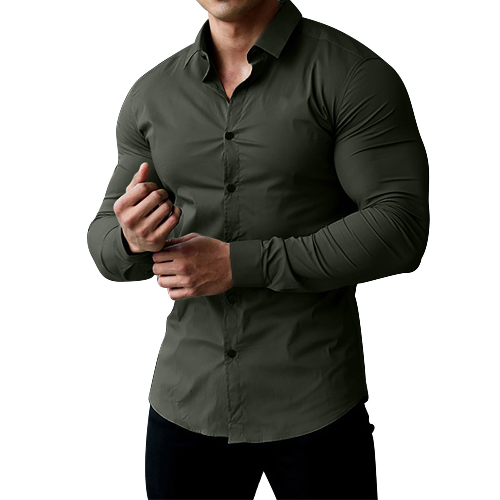Penkiiy Men's Muscle Dress Shirts Slim Fit Stretch Long&Short Sleeve Casual Button Down Shirt ...