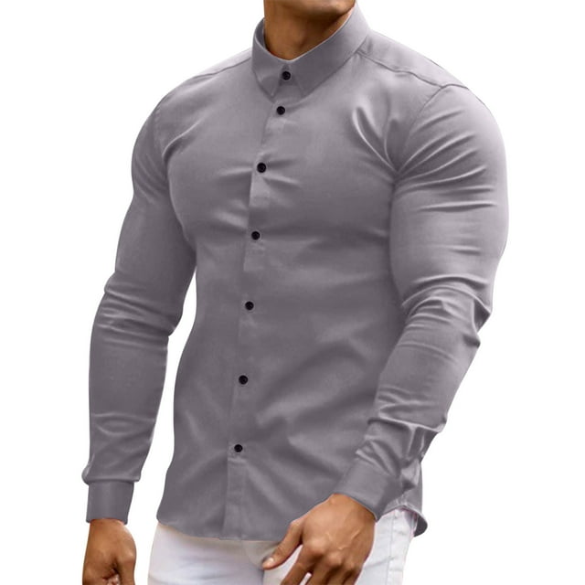 Penkiiy Men's Muscle Dress Shirts Slim Fit Stretch Long&Short Sleeve Casual Button Down Shirt ...