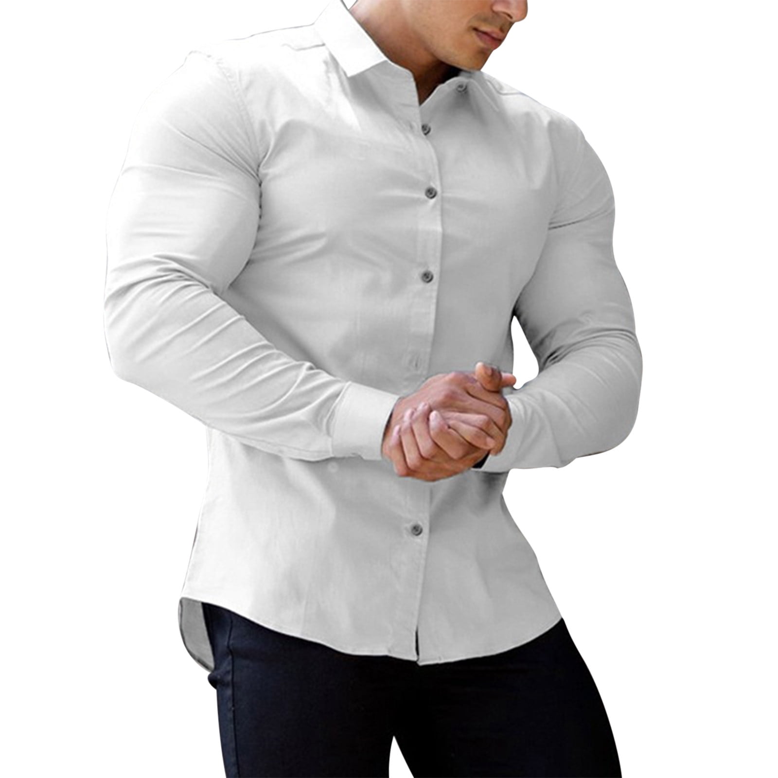 Penkiiy Men's Muscle Dress Shirts Slim Fit Stretch Long&Short Sleeve Casual Button Down Shirt ...