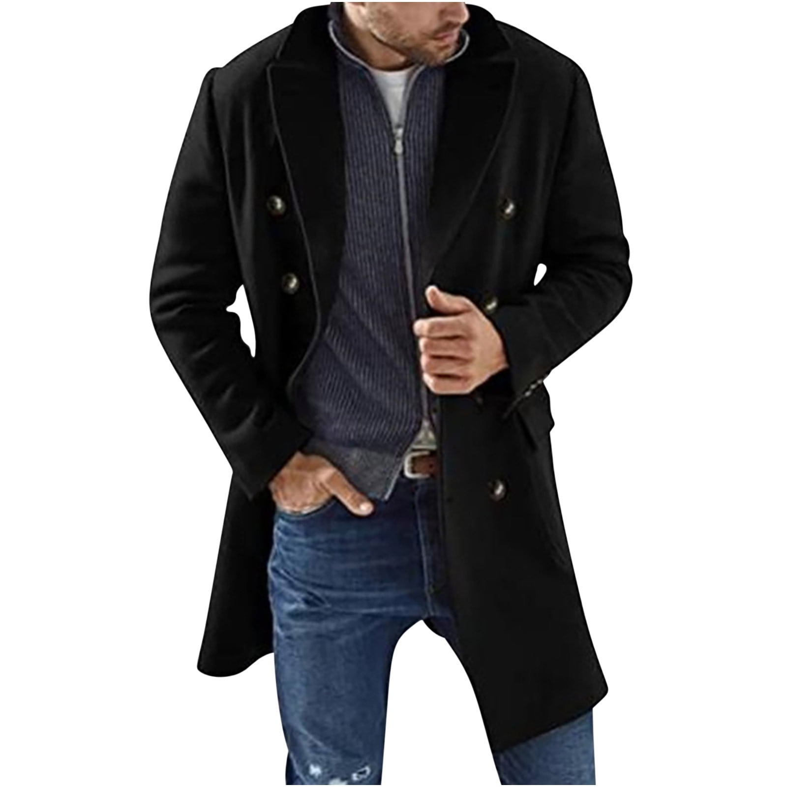 Penkiiy Men's Wool Trench Coat Single Breasted Slim Fit Mid-Length ...