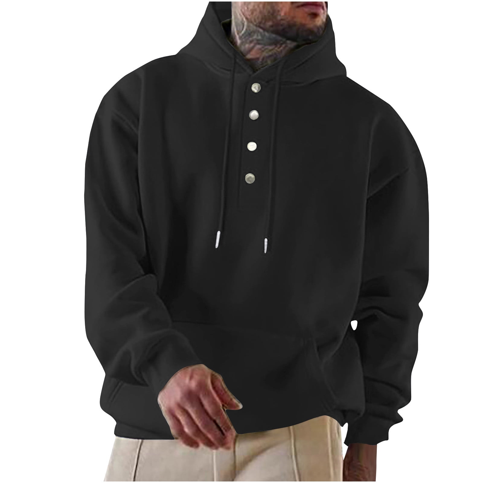 Penkiiy Mens 2024 Cotton Hooded Button Collar Drawstring Hoodies ...